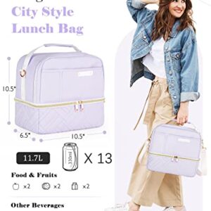 GLORIEROO® Lunch Bag Women Men, Large Insulated Lunch Box Tote Cooler - Stylish Vegan Leather 2 Tier Lunch Bag with Adjustable Shoulder Strap for Adults Travel Work, Purple