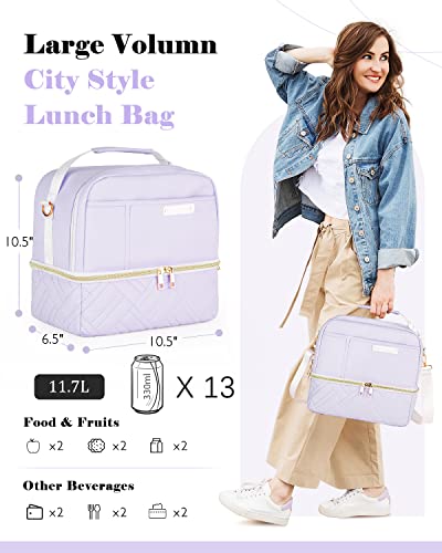 GLORIEROO® Lunch Bag Women Men, Large Insulated Lunch Box Tote Cooler - Stylish Vegan Leather 2 Tier Lunch Bag with Adjustable Shoulder Strap for Adults Travel Work, Purple