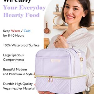 GLORIEROO® Lunch Bag Women Men, Large Insulated Lunch Box Tote Cooler - Stylish Vegan Leather 2 Tier Lunch Bag with Adjustable Shoulder Strap for Adults Travel Work, Purple