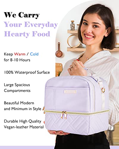 GLORIEROO® Lunch Bag Women Men, Large Insulated Lunch Box Tote Cooler - Stylish Vegan Leather 2 Tier Lunch Bag with Adjustable Shoulder Strap for Adults Travel Work, Purple