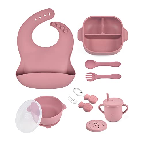 Infantever Baby Silicone Feeding Supplies, Led Weaning, Suction Bowl With Lid, Divided Toddler Plates, Soft Spoon Fork Utensils, Adjustable Bib, Sippy & Snack Cup, Baby Plate Set of 9 for 6 Months+