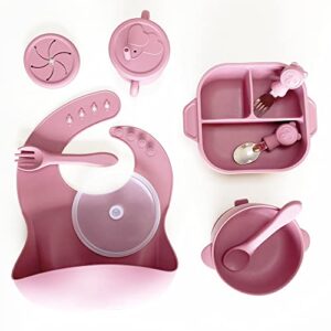 Infantever Baby Silicone Feeding Supplies, Led Weaning, Suction Bowl With Lid, Divided Toddler Plates, Soft Spoon Fork Utensils, Adjustable Bib, Sippy & Snack Cup, Baby Plate Set of 9 for 6 Months+