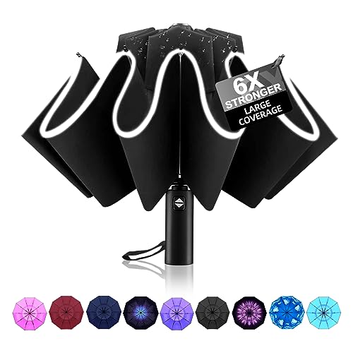 Trenovo Travel Inverted Umbrella - 10 Ribs Automatic Folding Reverse Umbrella, Upside Down Reflective Umbrella, Compact Windproof Umbrella with Double Vented Canopy for Women Men - Black