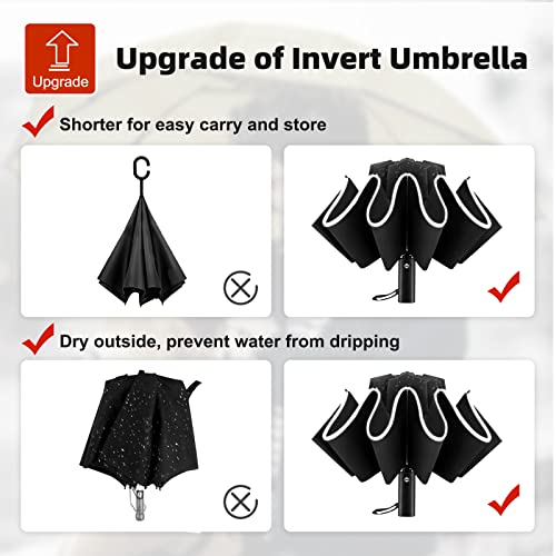 Trenovo Travel Inverted Umbrella - 10 Ribs Automatic Folding Reverse Umbrella, Upside Down Reflective Umbrella, Compact Windproof Umbrella with Double Vented Canopy for Women Men - Black