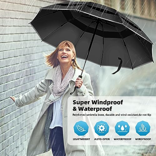 Trenovo Travel Inverted Umbrella - 10 Ribs Automatic Folding Reverse Umbrella, Upside Down Reflective Umbrella, Compact Windproof Umbrella with Double Vented Canopy for Women Men - Black