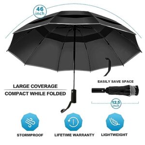 Trenovo Travel Inverted Umbrella - 10 Ribs Automatic Folding Reverse Umbrella, Upside Down Reflective Umbrella, Compact Windproof Umbrella with Double Vented Canopy for Women Men - Black