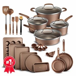 cookware set – 23 piece –gold multi-sized cooking pots with lids, skillet fry pans and bakeware – reinforced pressed aluminum metal - suitable for gas, electric, ceramic and induction by bakken swiss