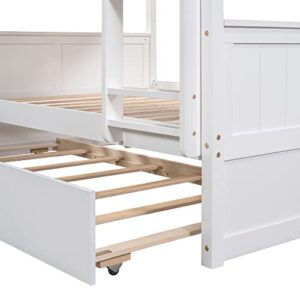 Harper & Bright Designs Full Over Full Bunk Bed for Adults Kids Teens, Full Bunk Beds with Trundle,Detachable Wood Bunk Bed Full Over Full Size with Ladder and High Guardrail,White