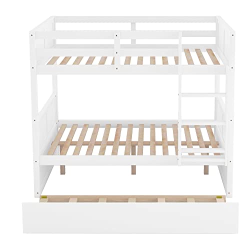 Harper & Bright Designs Full Over Full Bunk Bed for Adults Kids Teens, Full Bunk Beds with Trundle,Detachable Wood Bunk Bed Full Over Full Size with Ladder and High Guardrail,White