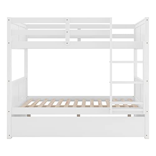 Harper & Bright Designs Full Over Full Bunk Bed for Adults Kids Teens, Full Bunk Beds with Trundle,Detachable Wood Bunk Bed Full Over Full Size with Ladder and High Guardrail,White