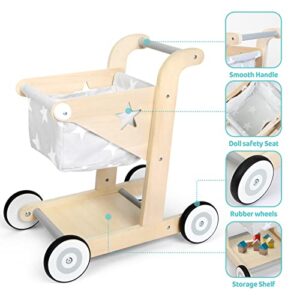 Asweets 2 in 1 Wooden Baby Walker Push and Pull Doll Stroller,Shopping Cart Learning Walker for Boys and Girls Sit Stand Learning Walker Toddler Toy