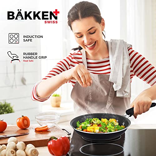 Cookware Set – 23 Piece –Black Multi-Sized Cooking Pots with Lids, Skillet Fry Pans and Bakeware – Reinforced Pressed Aluminum Metal - Suitable for Gas, Electric, Ceramic and Induction by BAKKEN Swiss