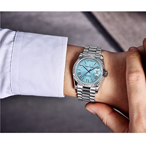 RollsTimi Pagani Design Men's Watches, 36mm Automatic Mechanical Stainless Steel 100M Waterproof Luxury Wrist Watch for Men, Double Date Display Sapphire Dial Glass (Light Blue HA-1752)