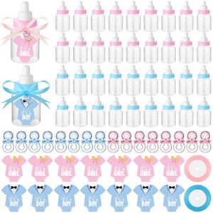 48 set gender reveal baby shower favors baby mini milk bottles plastic baby milk bottle 48 pcs mini pacifiers tiny plastic pacifiers 64 pcs gender reveal stickers baby shower sticker and 2 roll ribbon