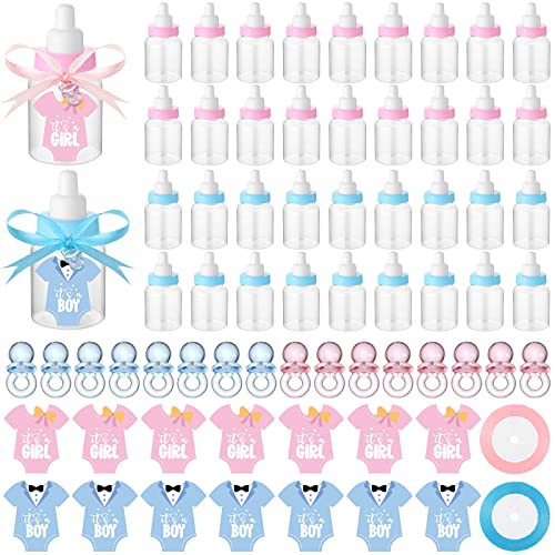 48 Set Gender Reveal Baby Shower Favors Baby Mini Milk Bottles Plastic Baby Milk Bottle 48 Pcs Mini Pacifiers Tiny Plastic Pacifiers 64 Pcs Gender Reveal Stickers Baby Shower Sticker and 2 Roll Ribbon