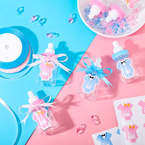 48 Set Gender Reveal Baby Shower Favors Baby Mini Milk Bottles Plastic Baby Milk Bottle 48 Pcs Mini Pacifiers Tiny Plastic Pacifiers 64 Pcs Gender Reveal Stickers Baby Shower Sticker and 2 Roll Ribbon