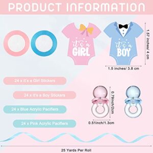 48 Set Gender Reveal Baby Shower Favors Baby Mini Milk Bottles Plastic Baby Milk Bottle 48 Pcs Mini Pacifiers Tiny Plastic Pacifiers 64 Pcs Gender Reveal Stickers Baby Shower Sticker and 2 Roll Ribbon