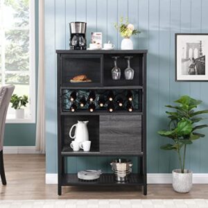 cemkar industrial bar cabinet, modern high display wine storage rack, wood and metal cabinets for home kitchen storage, restaurant cafe cafeteria bar cabinet (black+gray)