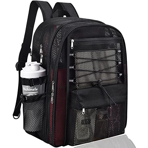 UEASE Mesh Backpack Heavy Duty for School, 29L Large Inches Mesh Bookbag for Adults, See Through Black Mesh School Bag with Laptop Pocket for Work Swimming Beach Fitness Sport