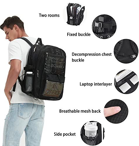 UEASE Mesh Backpack Heavy Duty for School, 29L Large Inches Mesh Bookbag for Adults, See Through Black Mesh School Bag with Laptop Pocket for Work Swimming Beach Fitness Sport