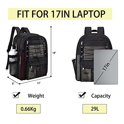 UEASE Mesh Backpack Heavy Duty for School, 29L Large Inches Mesh Bookbag for Adults, See Through Black Mesh School Bag with Laptop Pocket for Work Swimming Beach Fitness Sport