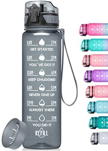 Geritto Motivational Water Bottle with Time Marker, 26/32 Oz BPA Free Water Bottles with Fruit Strainer, Wide Mouth and Fast Water Flow Motivational Water Bottle, Leak-Proof Water Bottle with Strap