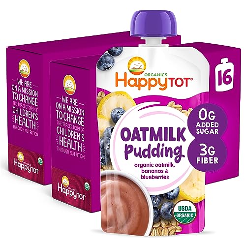 Happy Tot Organics Oatmilk Pudding, Dairy-Free, Stage 4 Toddler Snack, Oatmilk, Bananas & Blueberries, 4 Ounce Pouch, Pack of 16