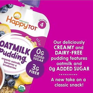 Happy Tot Organics Oatmilk Pudding, Dairy-Free, Stage 4 Toddler Snack, Oatmilk, Bananas & Blueberries, 4 Ounce Pouch, Pack of 16