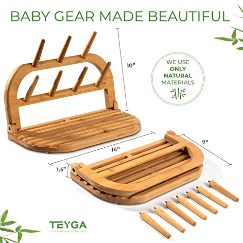 TEYGA Baby Bottle Drying Rack - Indestructible Bamboo Baby Bottle Rack Dryer, Pro-Earth Baby Bottle Holder & Baby Bottle Dryer Rack, Use as a Travel Baby Bottle Cleaning Kit as a Baby Bottle Organizer