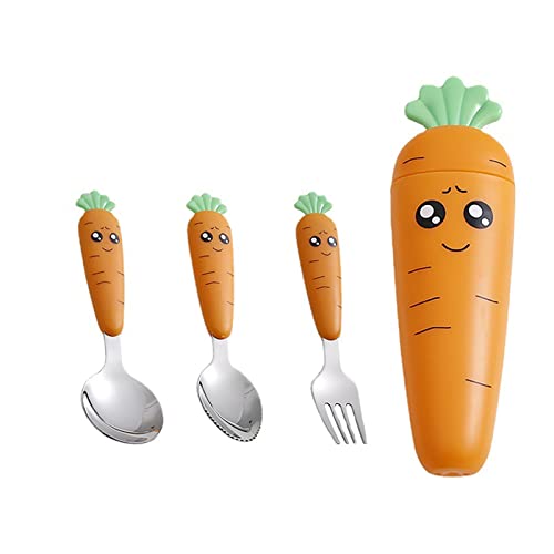 clinmday Kids Spoons and Forks,Toddler Utensils, Metal Cutlery Set for Lunchbox (Carrot Shape Spoon Fork) A