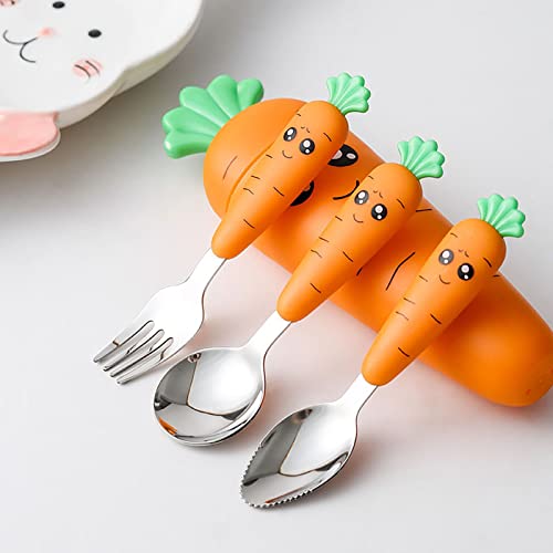 clinmday Kids Spoons and Forks,Toddler Utensils, Metal Cutlery Set for Lunchbox (Carrot Shape Spoon Fork) A