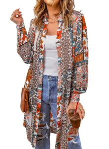 dokotoo womens summer spring beach boho long sleeve cardigans button-down bohemian fashion geometric floral kimonos for women brown xx-large