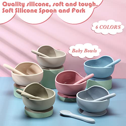 EBOOT 6 Set Baby Bowls with Suction Sets, Toddler Led Weaning Spoon and Fork Baby Utensils Suction Bowls Silicone Bowls for Baby Toddler First Stage Feeding Utensils