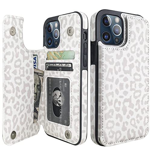 HAOPINSH for iPhone 12/12 Pro Wallet Case with Card Holder, White Leopard Cheetah Pattern Back Flip Folio PU Leather Kickstand Card Slots Case for Women Girls, Double Magnetic Clasp Shockproof 6.1"