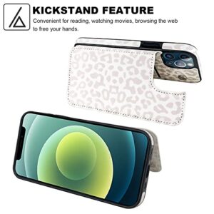 HAOPINSH for iPhone 12/12 Pro Wallet Case with Card Holder, White Leopard Cheetah Pattern Back Flip Folio PU Leather Kickstand Card Slots Case for Women Girls, Double Magnetic Clasp Shockproof 6.1"