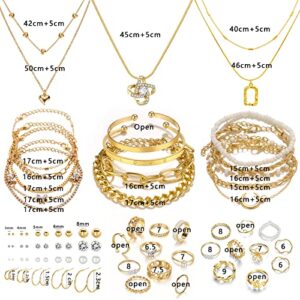 IFKM Gold Plated Jewelry Set with 5 PCS Necklace, 14 PCS Bracelet, 20 Pairs Earring, 20 PCS Knuckle Rings for Women Girls Valentine Anniversary Birthday Friendship Gift