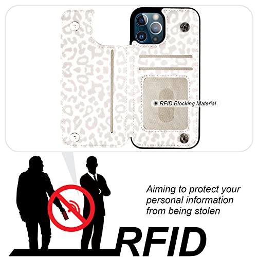 HAOPINSH for iPhone 12/12 Pro Wallet Case with Card Holder, White Leopard Cheetah Pattern Back Flip Folio PU Leather Kickstand Card Slots Case for Women Girls, Double Magnetic Clasp Shockproof 6.1"