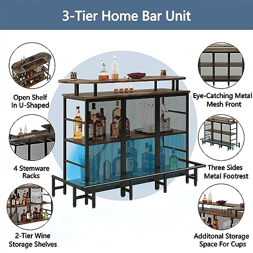 Furnideco Industrial Home Bar Unit, 3 Tier Liquor Bar Table with RGB LED Lights and Wine Storage Display Shelf with Glass Holder Footrest, and Metal Footrest Wine Rack for Kitchen Living Room