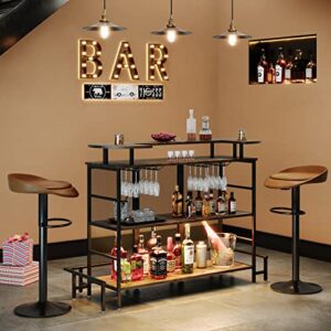 Furnideco Industrial Home Bar Unit, 3 Tier Liquor Bar Table with RGB LED Lights and Wine Storage Display Shelf with Glass Holder Footrest, and Metal Footrest Wine Rack for Kitchen Living Room