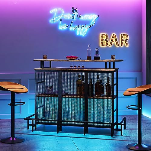 Furnideco Industrial Home Bar Unit, 3 Tier Liquor Bar Table with RGB LED Lights and Wine Storage Display Shelf with Glass Holder Footrest, and Metal Footrest Wine Rack for Kitchen Living Room