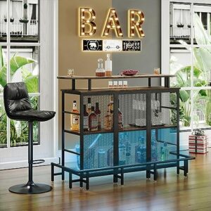 Furnideco Industrial Home Bar Unit, 3 Tier Liquor Bar Table with RGB LED Lights and Wine Storage Display Shelf with Glass Holder Footrest, and Metal Footrest Wine Rack for Kitchen Living Room