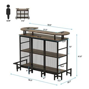 Furnideco Industrial Home Bar Unit, 3 Tier Liquor Bar Table with RGB LED Lights and Wine Storage Display Shelf with Glass Holder Footrest, and Metal Footrest Wine Rack for Kitchen Living Room