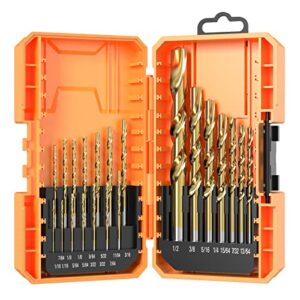 enertwist 21 pcs titanium twist drill bit set,1/16"-1/2",135 deg tip high speed steel drill bit kit for metal/steel/wood/cast iron/aluminum alloy/plastic/fiberglass with hard storage