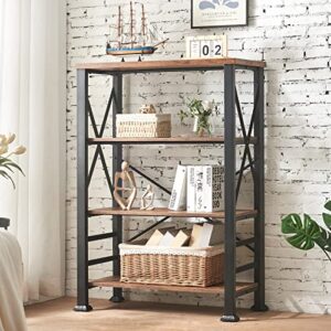 hombazaar bookshelf, 4-tier industrial bookshelves, wood and metal bookcase,free standing storage small modern bookshelf for living room, bedroom and home office，brown