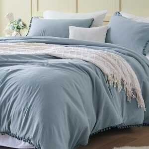 newspin duvet cover queen size pom pom fringe blue,3pcs soft breathable 100% washed microfiber boho bedding duvet cover set with zipper closure,1 duvet cover(90"x90") and 2 pillow shams(no comforter)