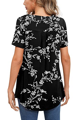 Netsmile Women's Summer Casual Short Sleeve Tunic Tops V-Neck Button Loose Blouse T-Shirts for Leggings, XL, White Carvings Black