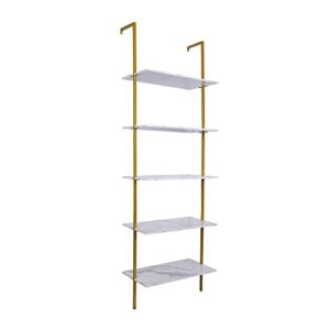 Cavoba Modern Ladder Shelf, 5-Tier Open Wall-Mounted Bookshelf, Plant Flower Stand Utility Organizer Bookcase (Gold/White)