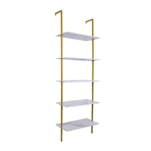 Cavoba Modern Ladder Shelf, 5-Tier Open Wall-Mounted Bookshelf, Plant Flower Stand Utility Organizer Bookcase (Gold/White)