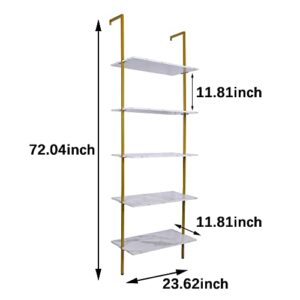 Cavoba Modern Ladder Shelf, 5-Tier Open Wall-Mounted Bookshelf, Plant Flower Stand Utility Organizer Bookcase (Gold/White)