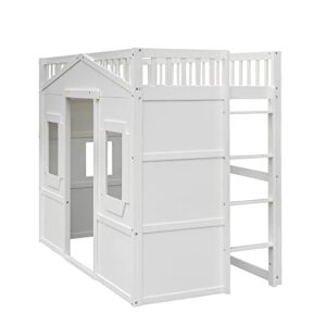 Bellemave House Loft Bed Twin Beds Solid Wood Frame with Window and Wall Fun Playhouse Ladder for Kids Boys Girls Teens, Size, White